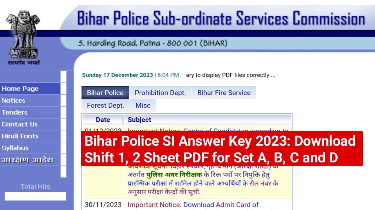Bihar Police SI Answer Key 2023: Download Shift 1, 2 Sheet PDF for Set ...